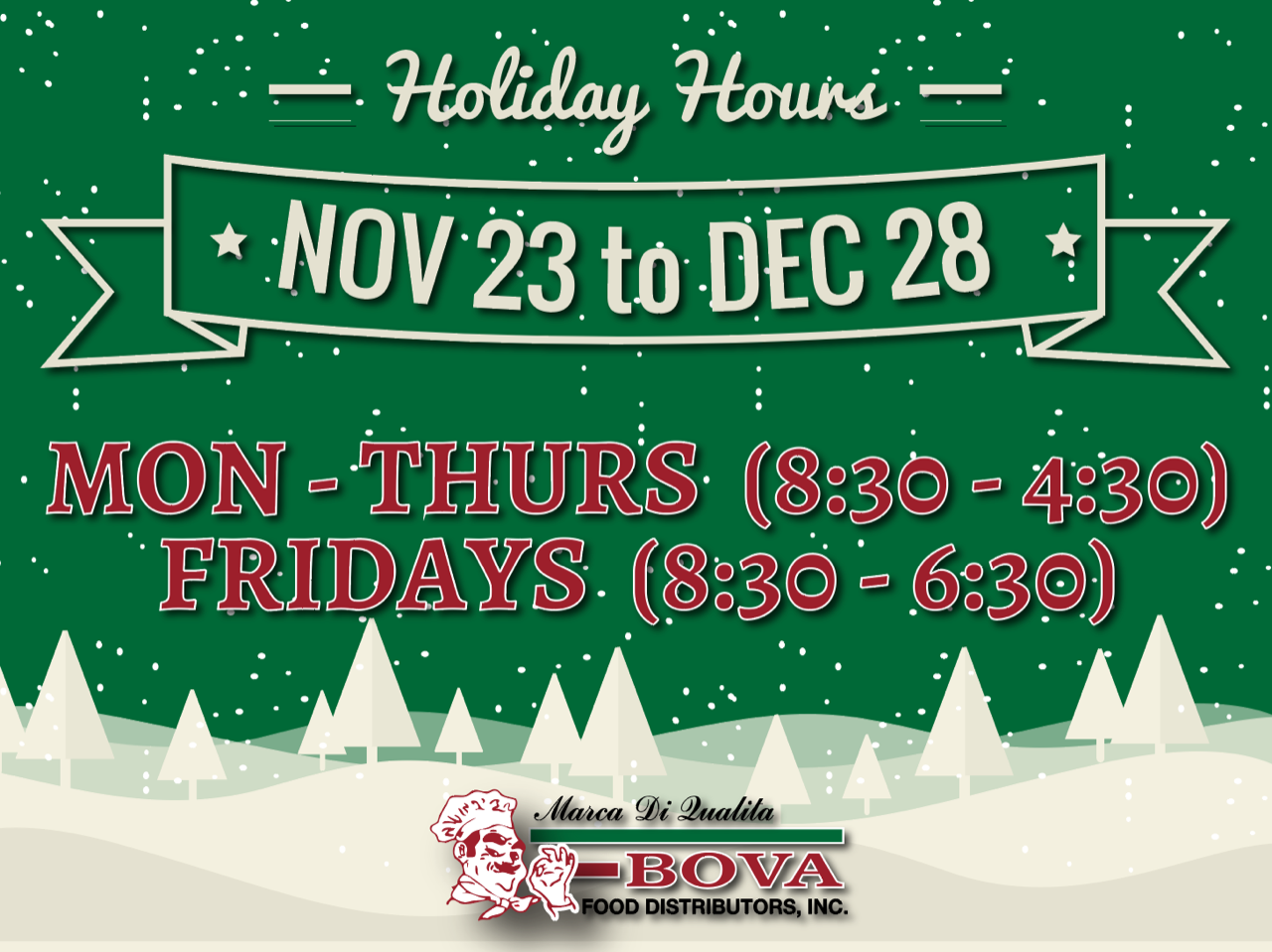 Holiday Hours - Bova Foods